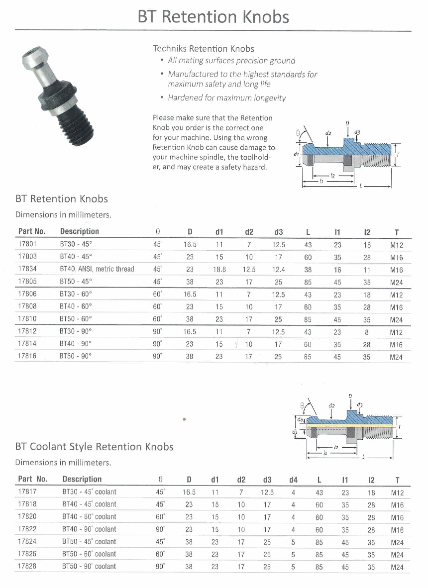 Techniks BT30 Retention Knob 17817 Coolant Pull Stud 45 Degrees 10 Pcs