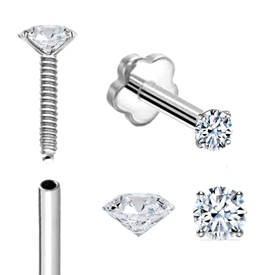 1.5mm VVS DIAMOND Threaded Flat Back Stud in 14K White Gold (18G, 5/16")