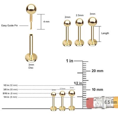14K Gold Ball Threaded 18G Flat Back Stud - Cartilage, Nose, Lip