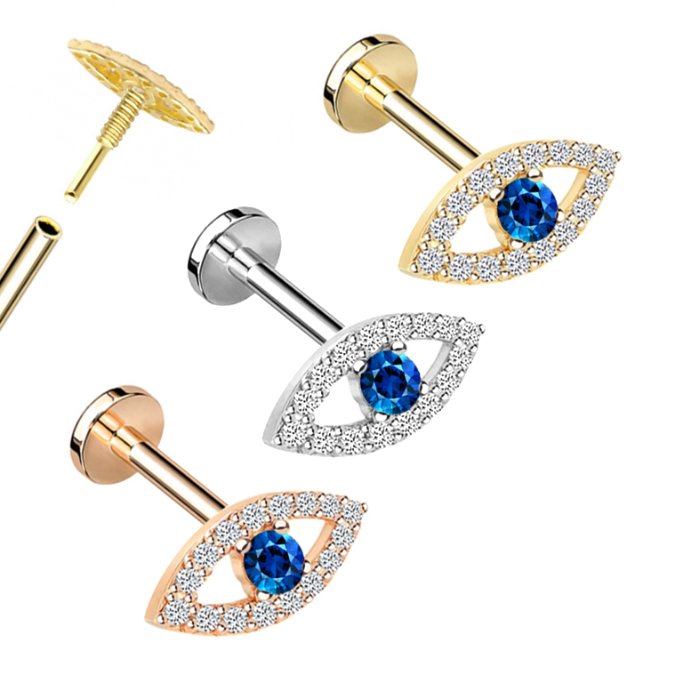 14K Gold Blue Evil Eye Threaded Flat Back Stud Cartilage Helix Earlobe