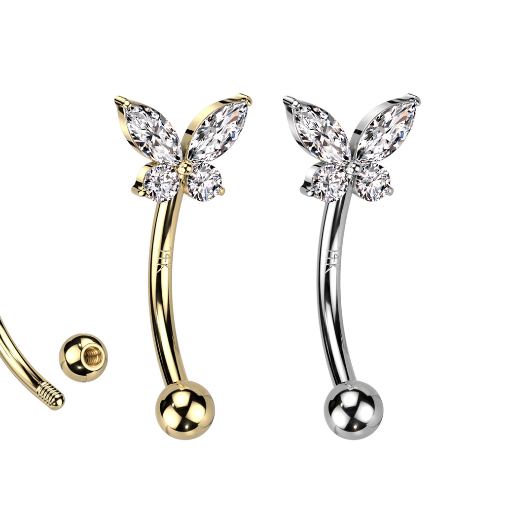 14K Gold Butterfly Curved Barbell - Eyebrow, Rook