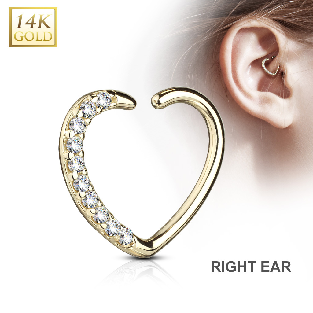 14K Gold CZ Open Pave Heart 16G Cartilage / Daith Ring