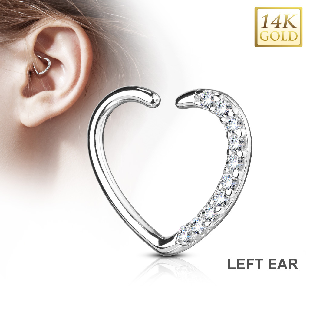 14K Gold CZ Open Pave Heart 16G Cartilage / Daith Ring