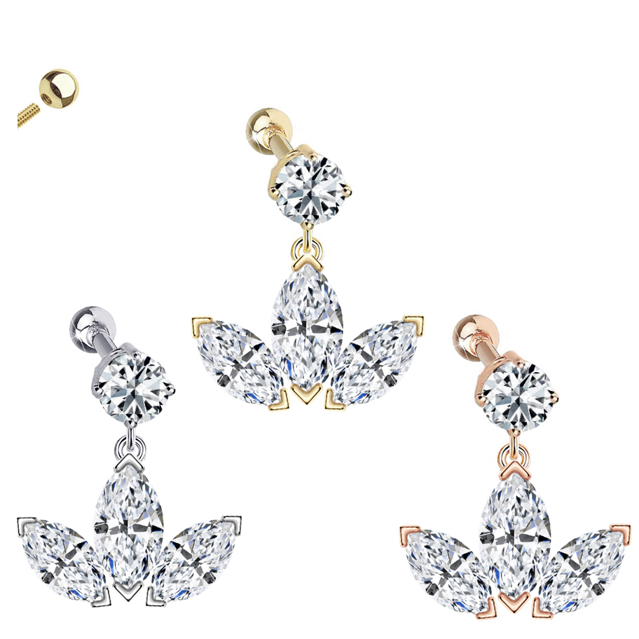 14K Gold Dangling Lotus Cartilage Earring - Helix, Conch, Earlobe