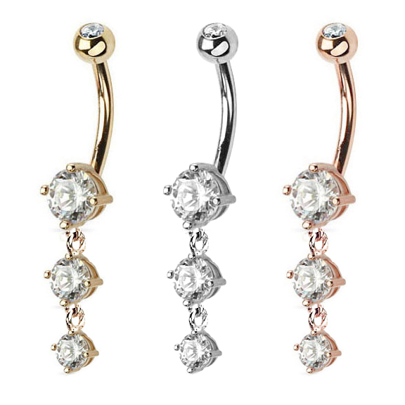 14K Solid Gold Dangling Triple Gem Belly Button Ring