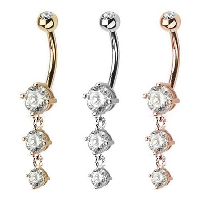 14K Solid Gold Dangling Triple Gem Belly Button Ring