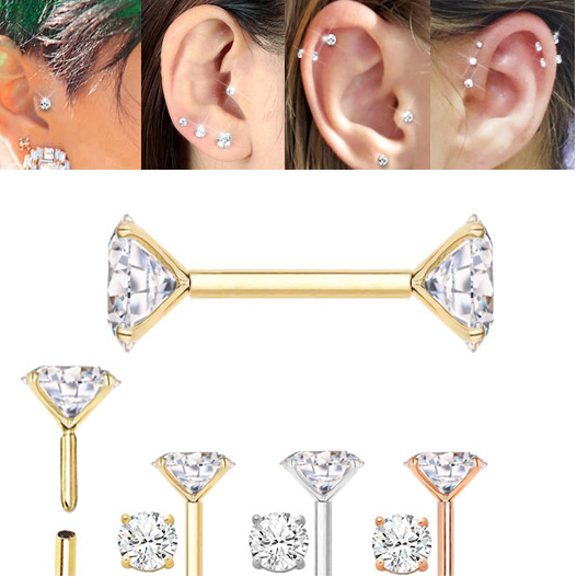 14K Gold Double Bling 18G Push-In Single Cartilage Stud Earring
