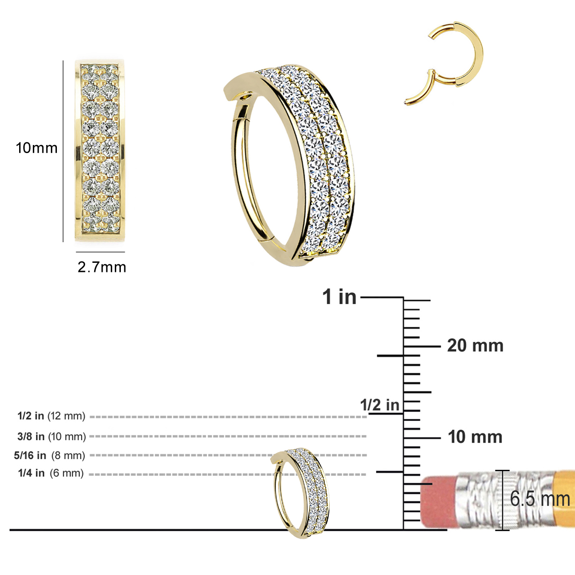 14K Gold Double Pave Seamless Hinged Clicker Ring - Helix, Rook, Earlobe