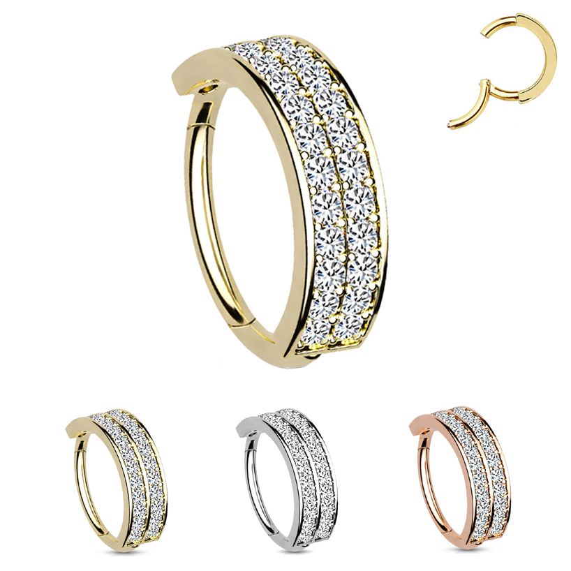 14K Gold Double Pave Seamless Hinged Clicker Ring - Helix, Rook, Earlobe