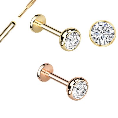 14K Gold Fancy Bezel Threaded Flat Back Stud - Cartilage, Nose, Lip