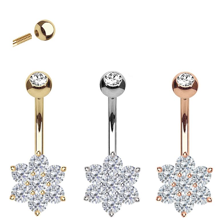 14K Solid Gold Jeweled Flower Belly Button Ring