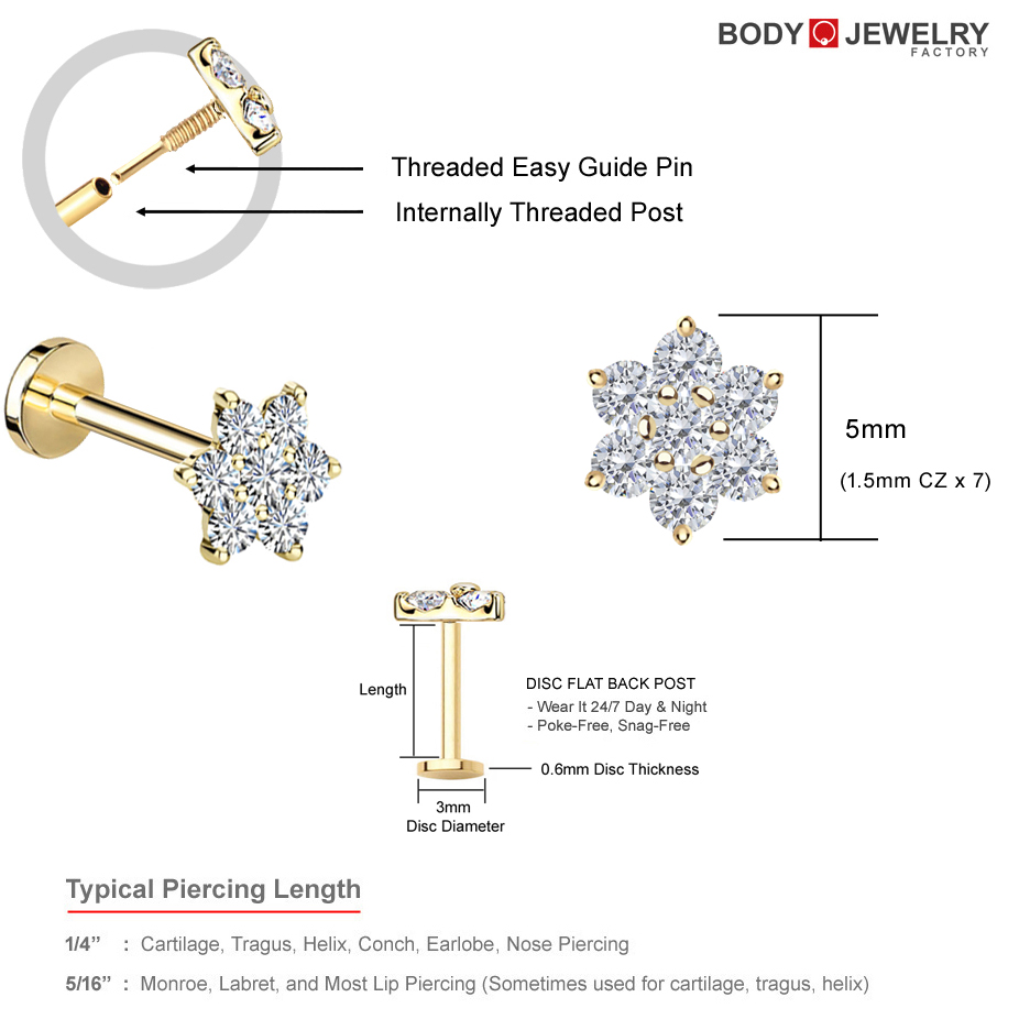 14K Gold Flower Threaded Flat back Stud with Easy Guide Pin