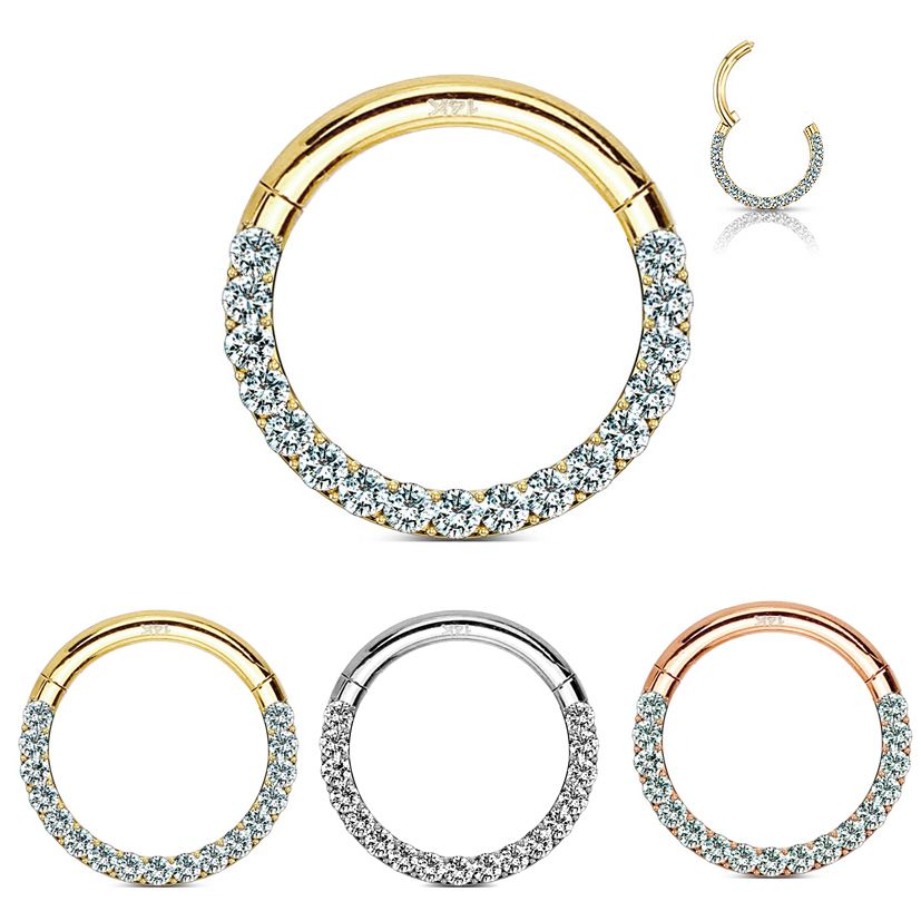 14K Gold Front Pave Hinged Clicker Ring - Cartilage, Daith, Septum, Helix