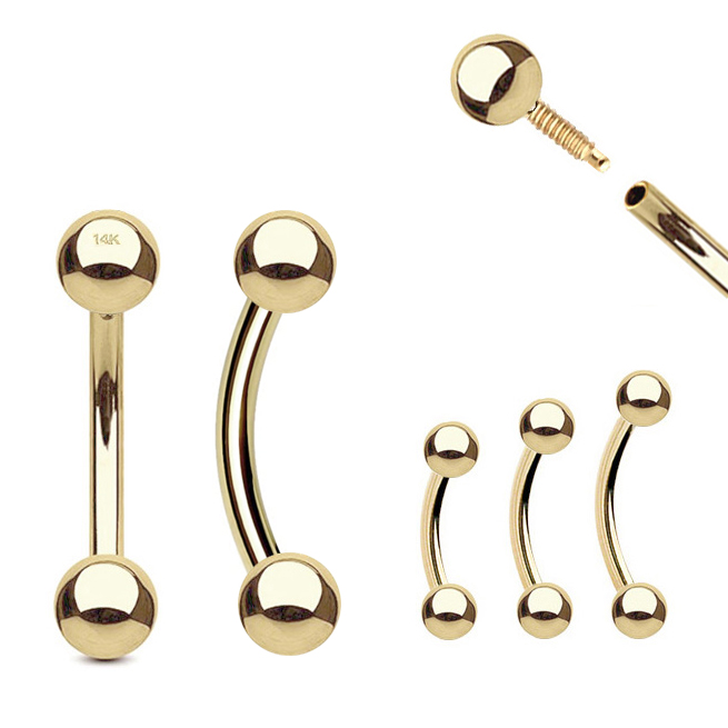 14K Gold Internally Threaded Curved Barbell - Eyebrow, Daith, Rook ...