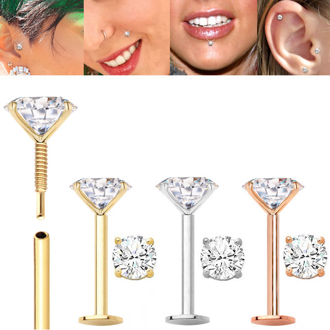 14K Gold Internally Threaded Flat Back Stud for Monroe, Labret, Nose ...