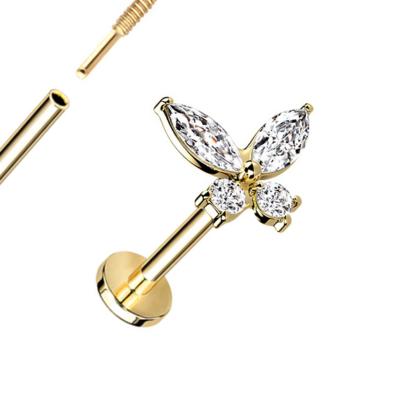 14K Gold Jeweled Butterfly Threaded Flat Back Stud