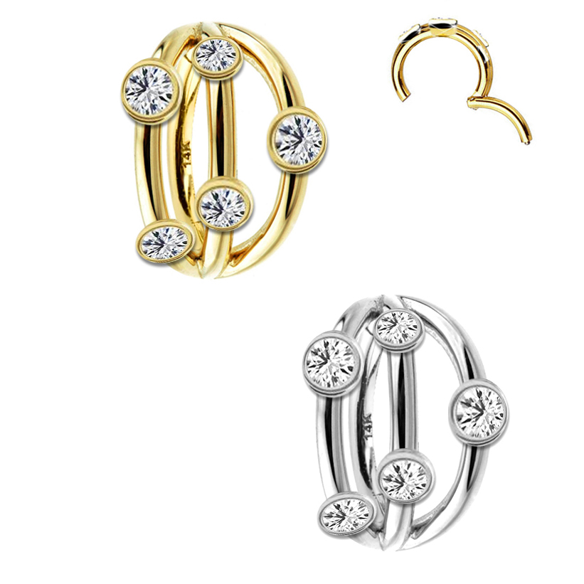 14K Gold Jeweled Triple Band 18G Seamless Cartilage Hinged Clicker Ring