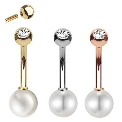 14K Gold 8mm White Pearl Belly Button Ring