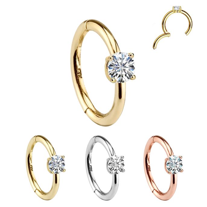 14K Gold CZ Seamless Hinged Clicker Ring - Cartilage, Tragus, Rook, Nose
