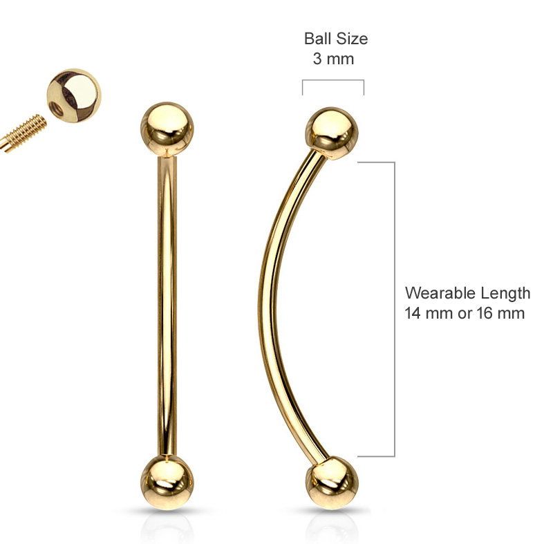 14K Gold Snake Eyes Tongue Ring Curved Barbell 16G