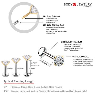 14K Gold Stud with Titanium Threaded 18G Flat Back Post - Cartilage ...