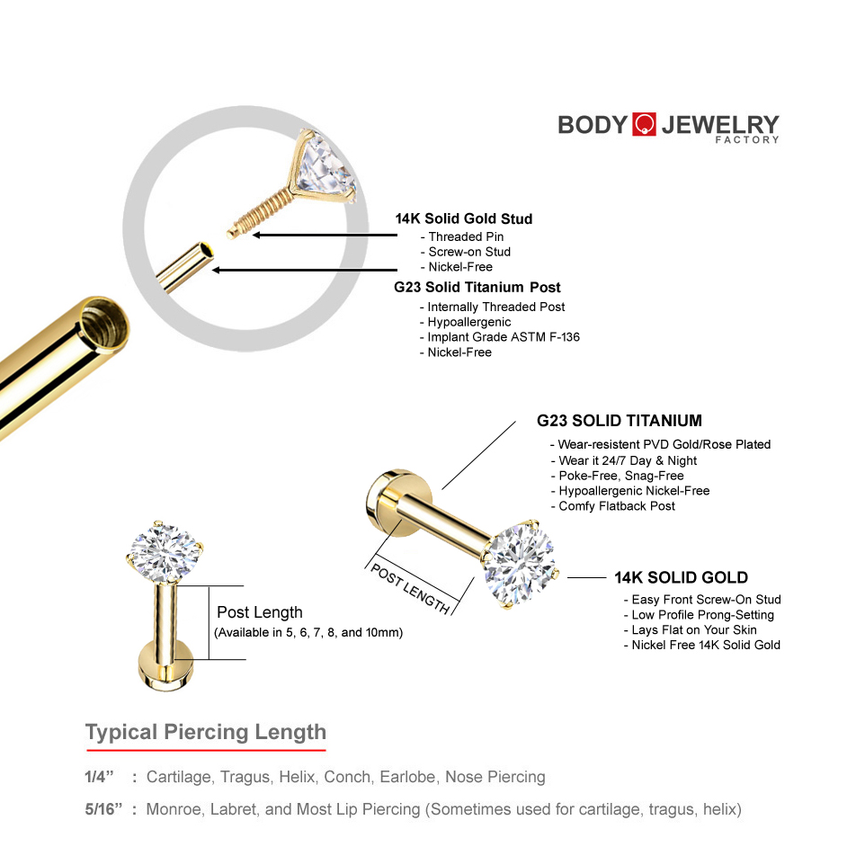 14K Gold Stud with Titanium Threaded 18G PVD Flat Back Post