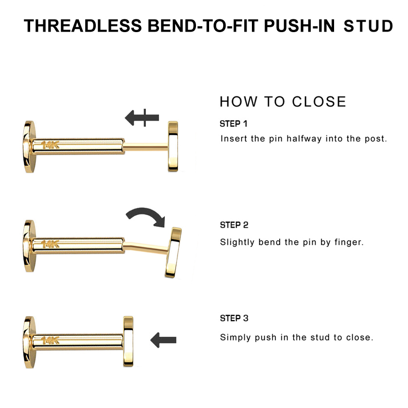 14K Gold Threadless Bend-To-Fit Push-In Flat Back Mini Stud