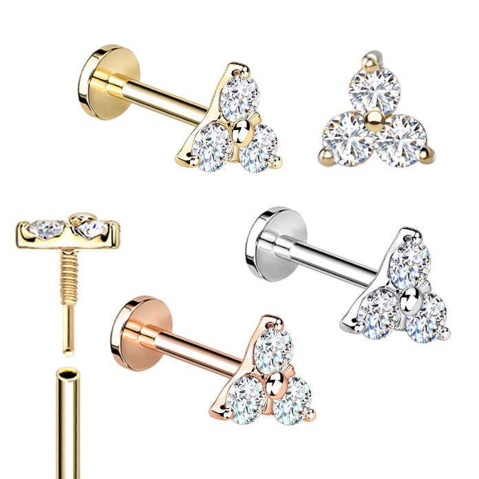14K Gold Trinity Threaded Flat back Stud with Easy Guide Pin