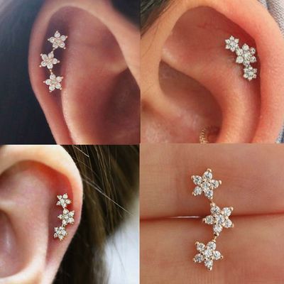 14K Gold Triple Flowers Single Cartilage Earring - 18G