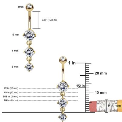 14K Solid Gold Dangling Triple Gem Belly Button Ring