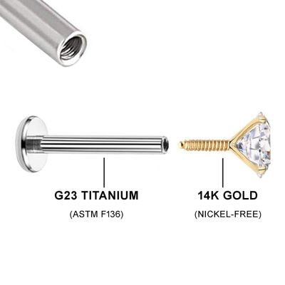 14K Gold Stud with Titanium Threaded 18G Flat Back Post - Cartilage ...