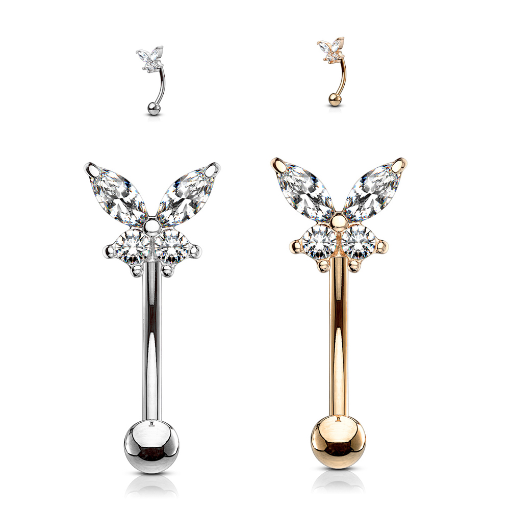316L Butterfly CZ Curved Barbell - Eyebrow, Rook, Anti-Tragus, Snug ...