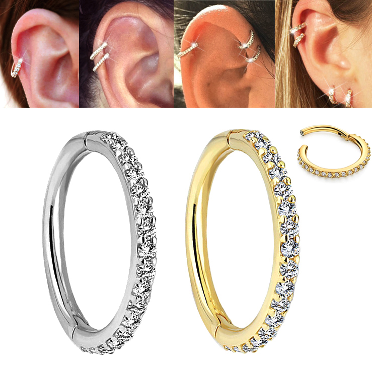 316L CNC Pave Hinged Clicker Ring - Cartilage, Helix, Conch, Earlobe