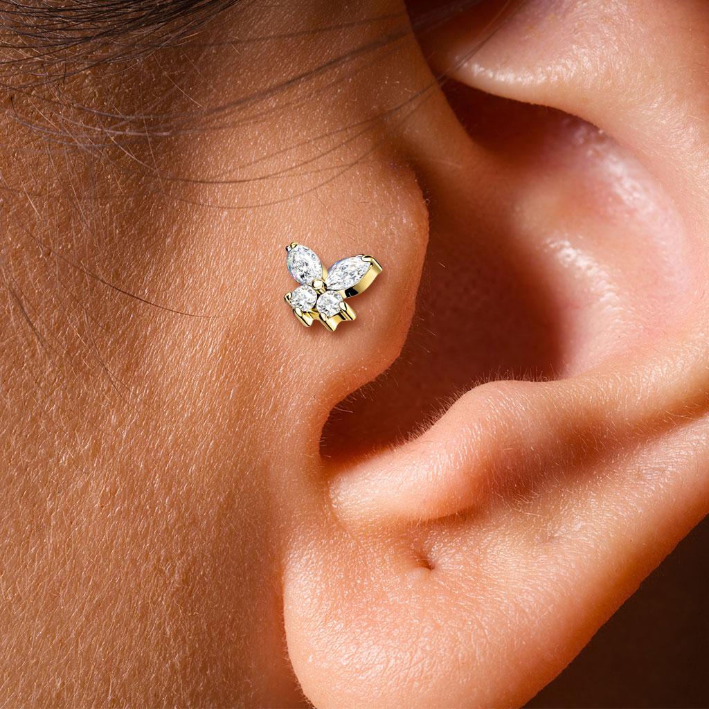 316L Internally Threaded Flat Back Stud - CZ Butterfly