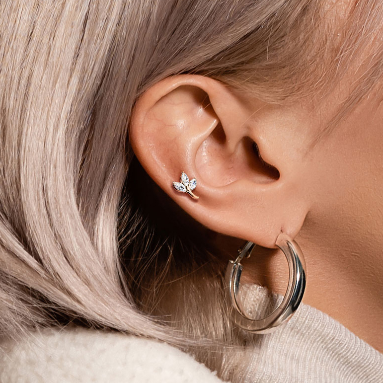 316L Internally Threaded Flat Back Stud - Marquise Lotus Leaf