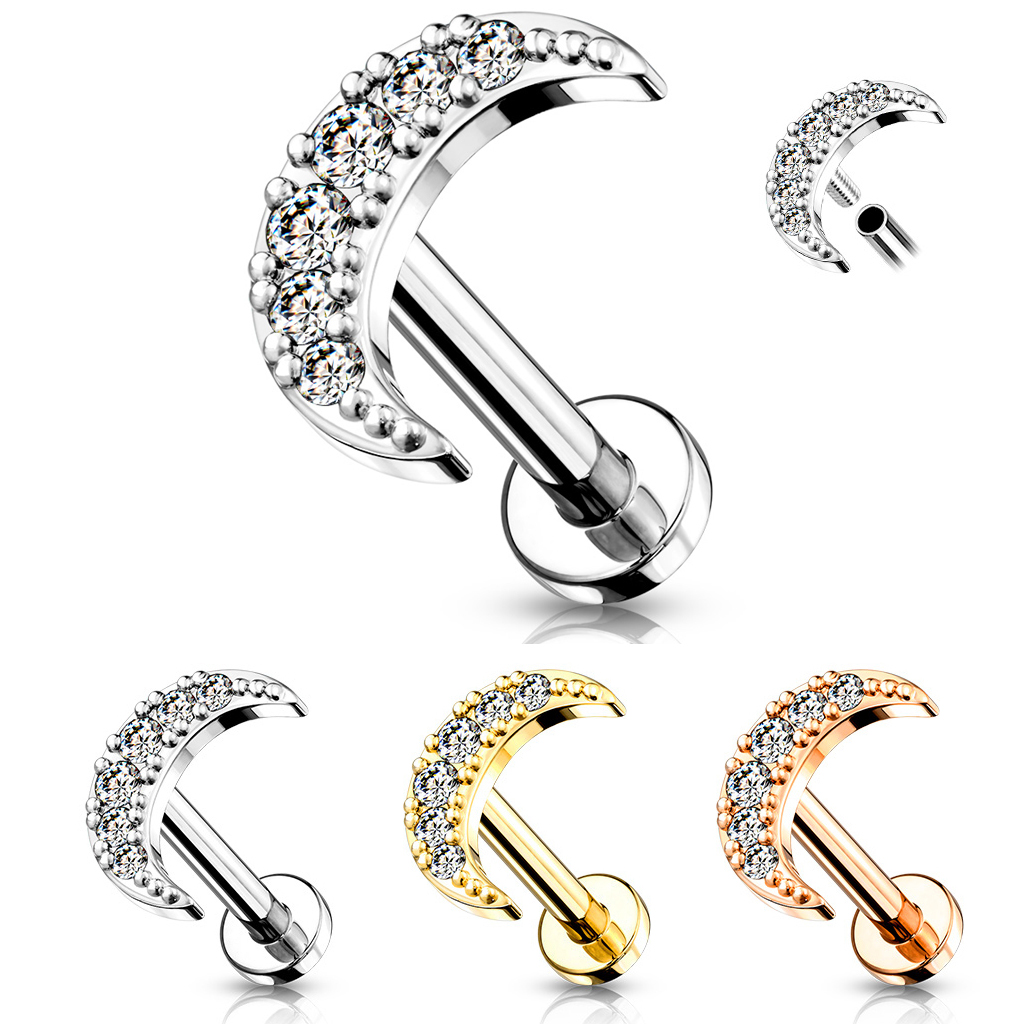 316L Internally Threaded Flat Back Stud - Pave Crescent Moon