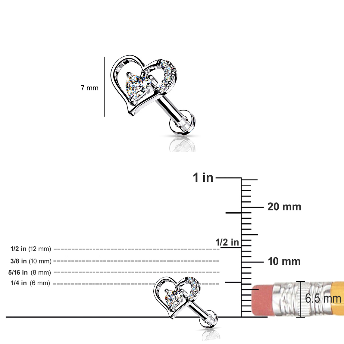 316L Internally Threaded Flat Back Stud - Pave Heart with CZ