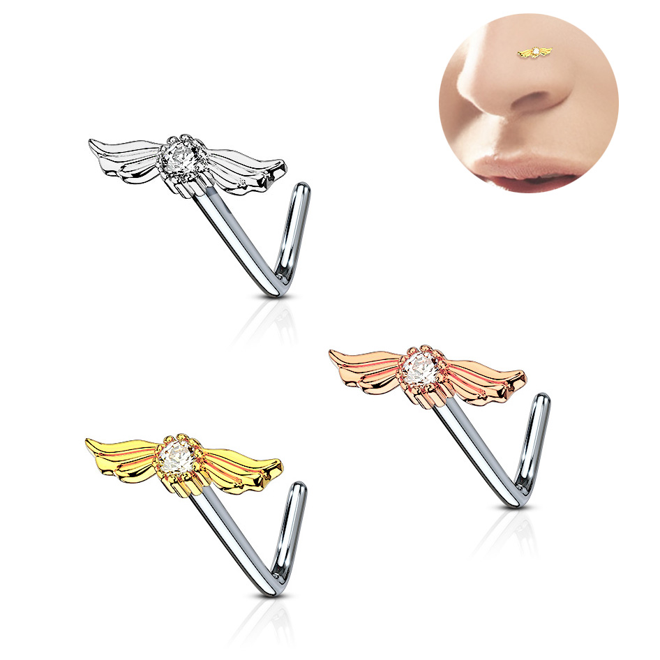 316L Jeweled CZ L-Shaped Nose Ring - Angel Wing