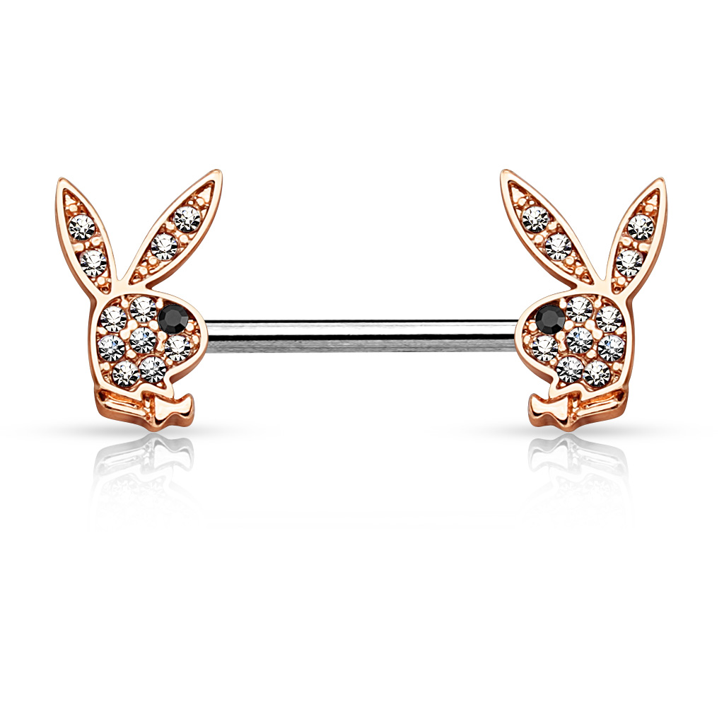 14 Gauge 316L Playboy Pave Rose Gold Nipple Ring Barbell