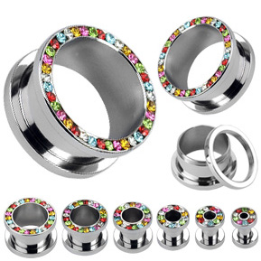 Pair of 316L Rainbow Gem Screw-Fit Tunnel Plug Earrings
