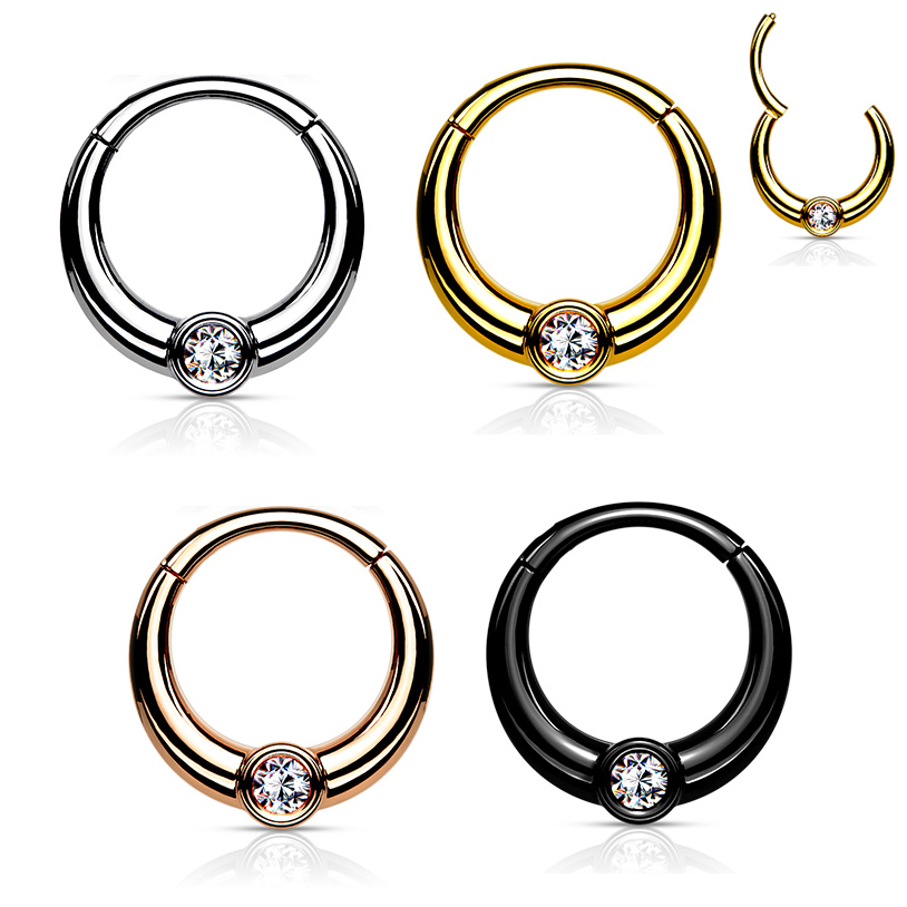 316L Seamless Hinged Clicker Ring - Jeweled Crescent Moon