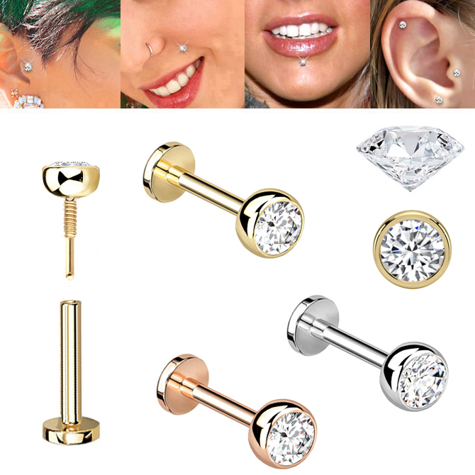 DIAMOND Bezel Threaded Flat Back Stud - Cartilage, Nose, Lip