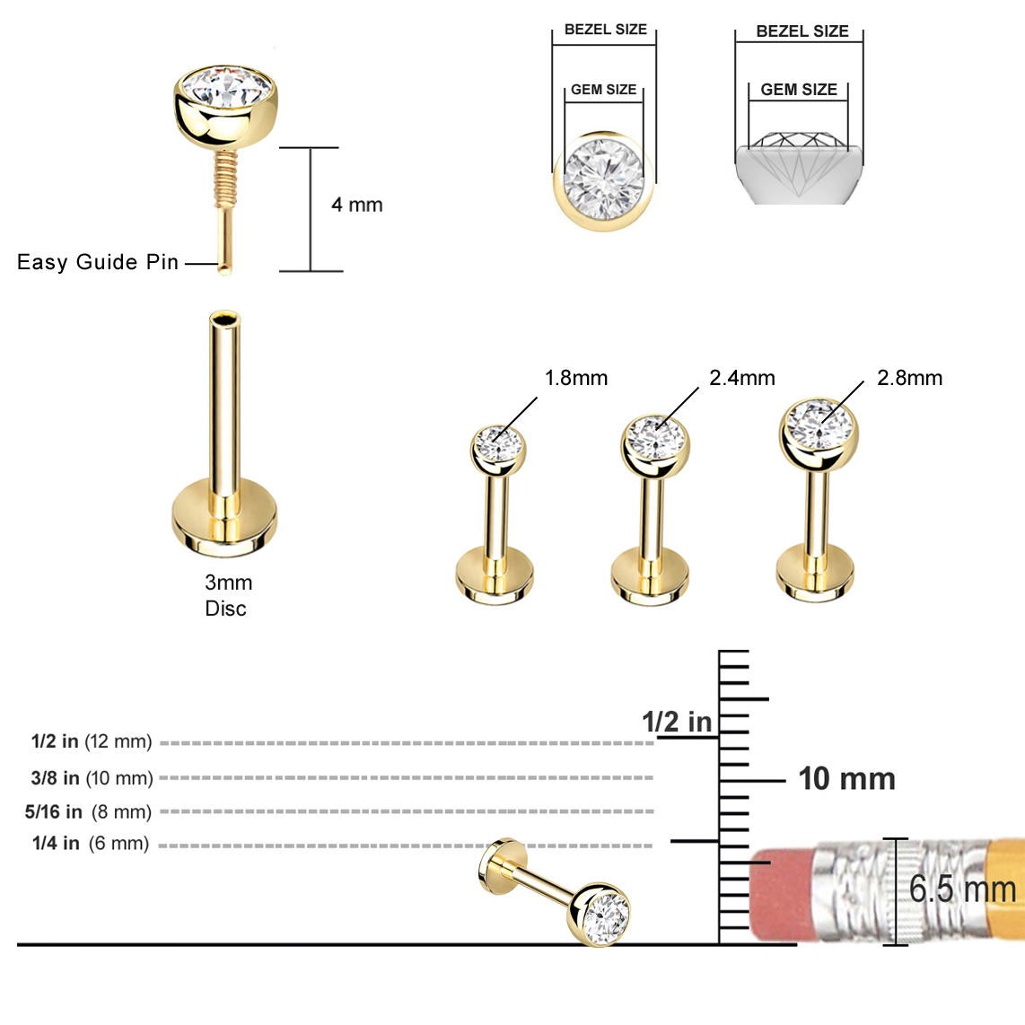 DIAMOND Bezel Threaded Flat Back Stud - Cartilage, Nose, Lip