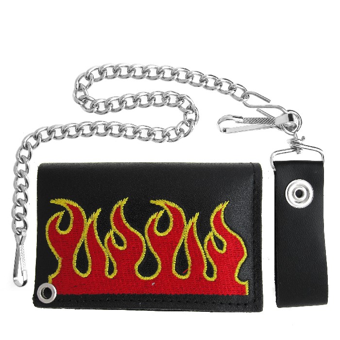 Embroidered Leather Chain Wallet - Flames