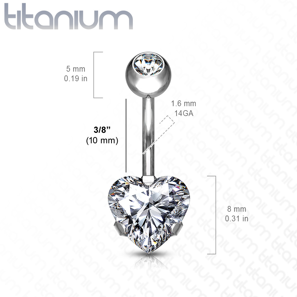 G23 Titanium Heart CZ Belly Button Ring (Clear Stone)
