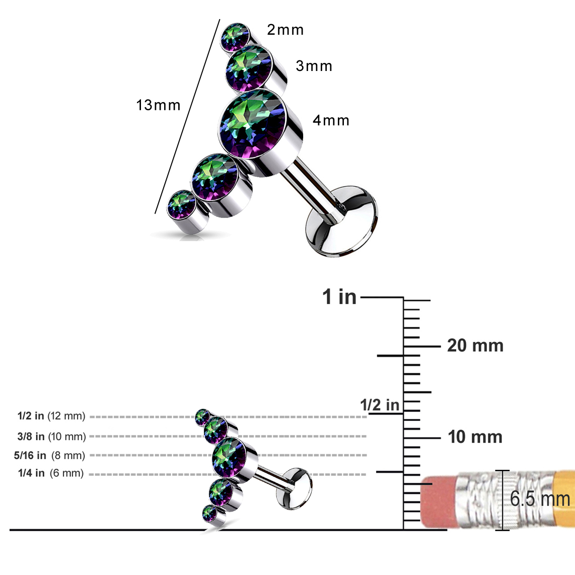 G23 Titanium 5-Stone Bezel Threaded Flat Back Cartilage Stud