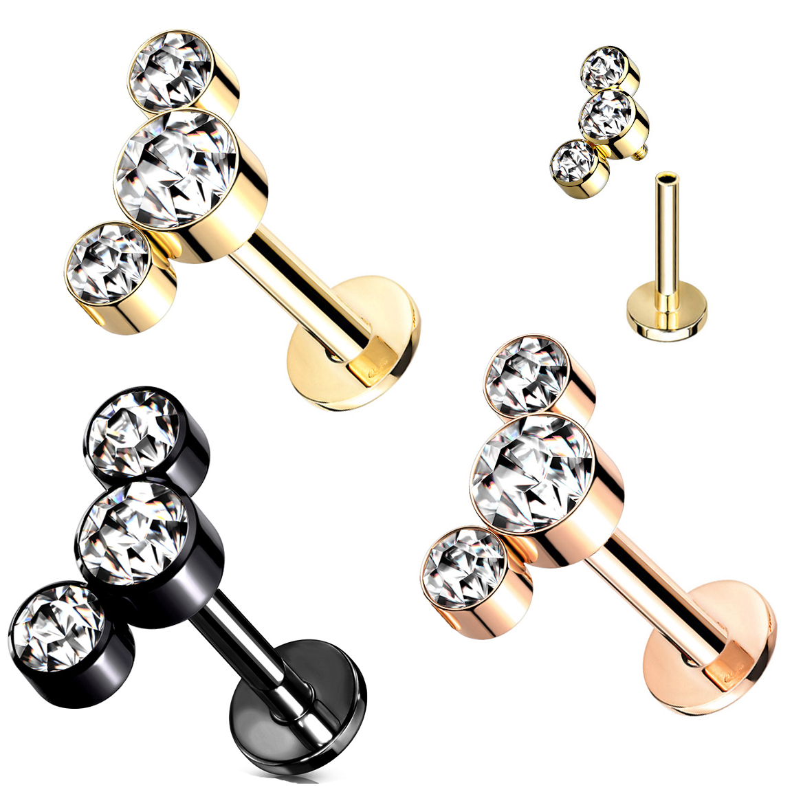 G23 Titanium PVD Triple Bezel Threaded Cartilage Flat Back Stud