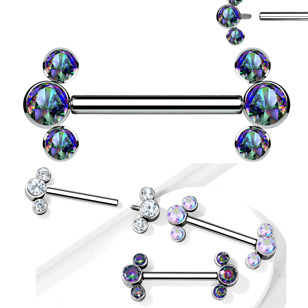 G23 Titanium Internally Threaded Nipple Ring - Triple Bezel CZ