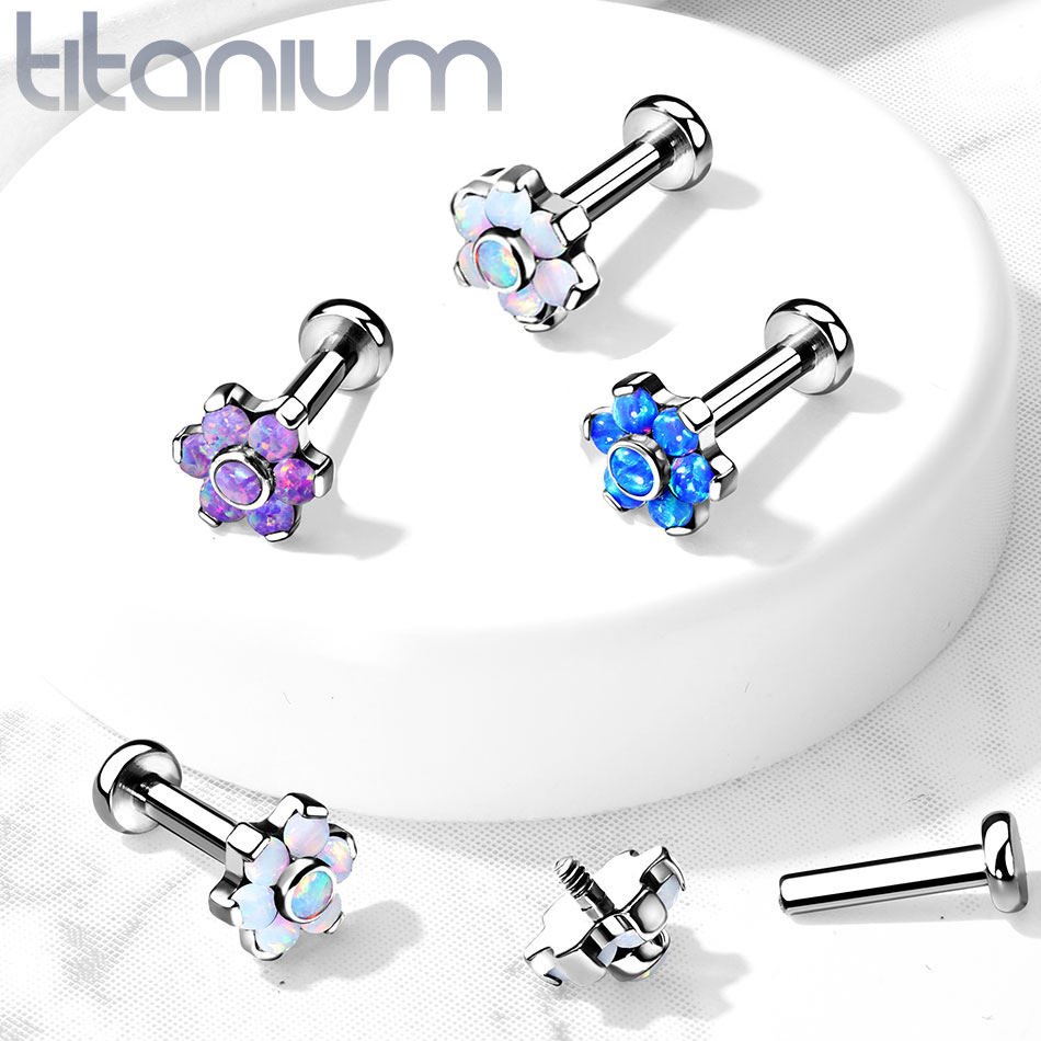 G23 Titanium Opal Flower Threaded Flat Back Stud