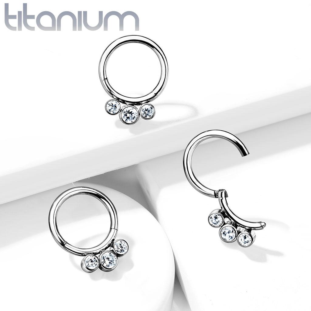 G23 Titanium Seamless Hinged Clicker Ring - Triple CZ